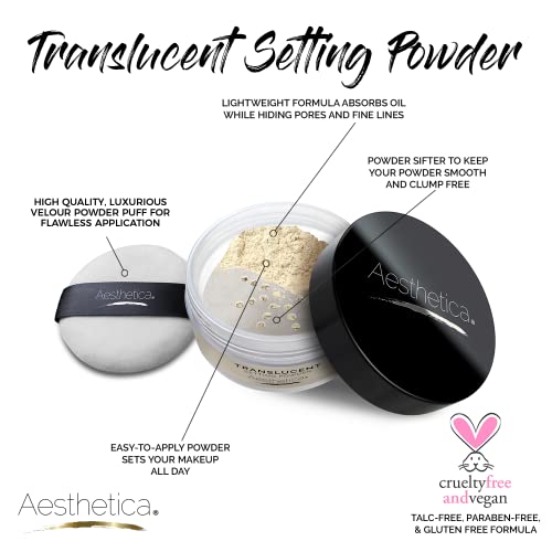 Aesthetica Translucent Setting Powder – Matte Finishing Makeup Loose Setting Powder – Flash Friendly Translucent Powder Foundation - Loose Face Powder Includes Velour Puff