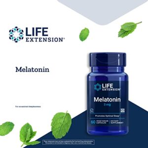 Life Extension Melatonin 3 mg – Sleep Supplement – For Restful Sleep, Circadian Rhythms, Anti-Aging, Hormone Balance and Cognitive Health - Gluten-Free – Non-GMO –60 Vegetarian Capsules