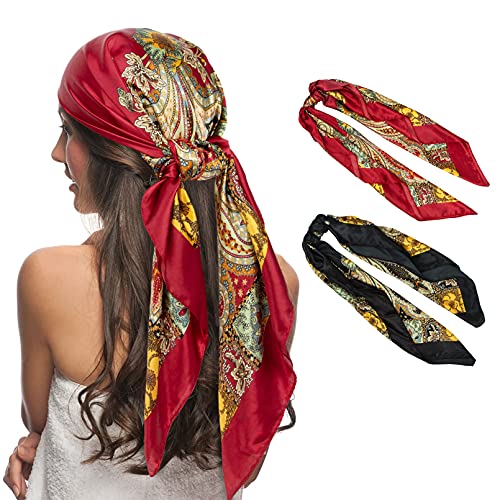 2 PCS Womens Satin Scarf Large Square Silk Feeling Head Hair Scarves Wraps for Sleeping 35 x 35 inches,Black&Wine Red