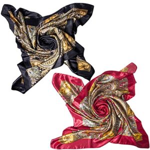 2 PCS Womens Satin Scarf Large Square Silk Feeling Head Hair Scarves Wraps for Sleeping 35 x 35 inches,Black&Wine Red