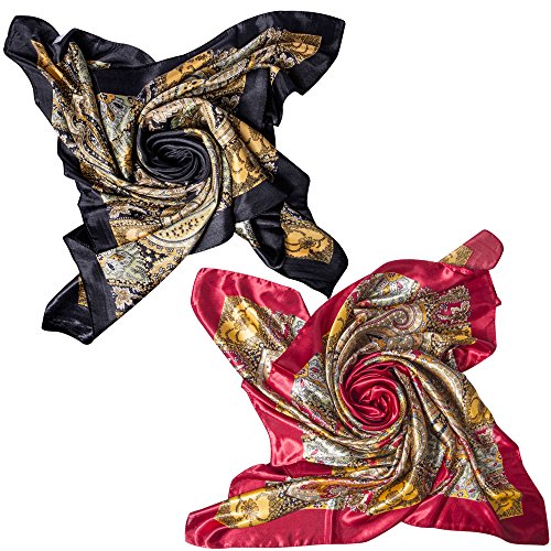 2 PCS Womens Satin Scarf Large Square Silk Feeling Head Hair Scarves Wraps for Sleeping 35 x 35 inches,Black&Wine Red