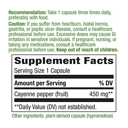 Nature's Way Cayenne 40,000 SHU Potency, 180 Vegetarian Capsules,Cayenne pepper (fruit), Plant-Derived Capsule (Hypromellose)