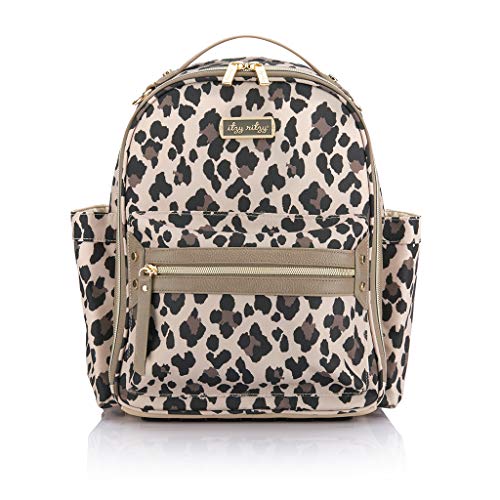 Itzy Ritzy Chic Mini Diaper Bag Backpack Made of Printed Polyester with Vegan Leather Changing Pad, 8 Total Pockets (4 Internal + 4 External), Handle & Rubber Feet, Leopard