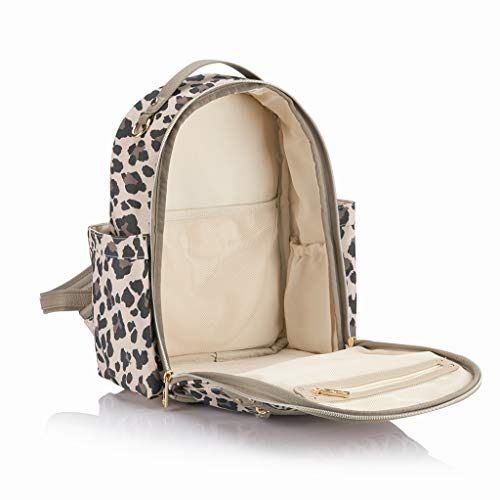 Itzy Ritzy Chic Mini Diaper Bag Backpack Made of Printed Polyester with Vegan Leather Changing Pad, 8 Total Pockets (4 Internal + 4 External), Handle & Rubber Feet, Leopard