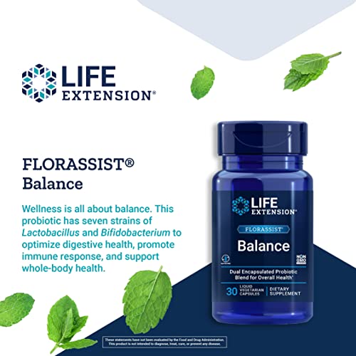 Life Extension FLORASSIST Balance Probiotic - 7 Strains 15 Billion CFUs - Probiotics Supplements for Men and Women - Digestive Health Support – Once Daily, Non-GMO, Vegetarian – 30 Capsules