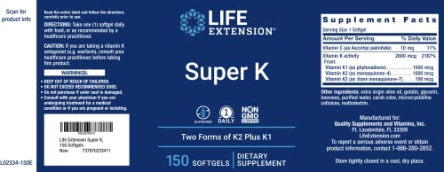 Life Extension Super K, 150 Softgels, with Vitamin K1 and K2 - MK4 & MK7