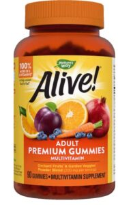 nature’s way alive! premium adult gummy multivitamins, essential vitamins & minerals, supports whole body wellness*, vegetarian, grape and cherry flavored, 90 gummies