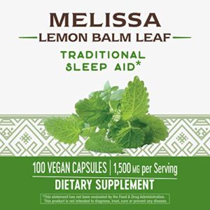 Nature's Way Premium Herbal Melissa Lemon Balm Leaf, Traditional Sleep Aid*, 1,500 mg per serving, 100 Capsules