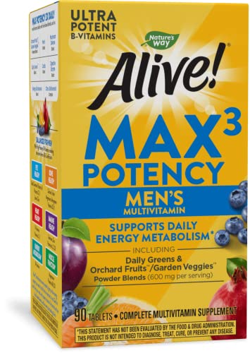 Nature’s Way Alive! Men’s Max3 Potency Multivitamin, Supports Whole Body Wellness*, Supports Cellular Energy*, B-Vitamins, Gluten-Free, 90 Tablets