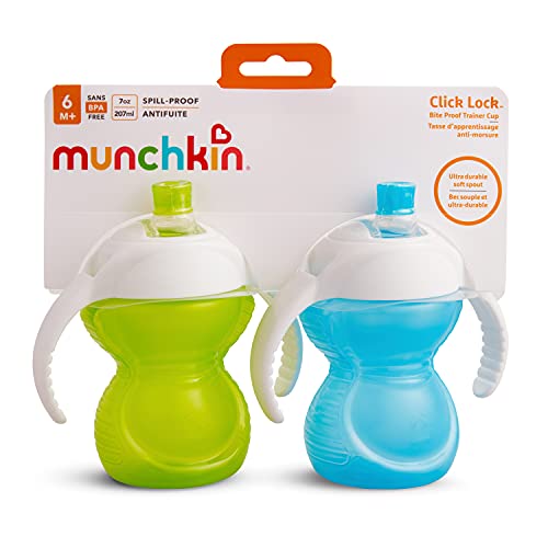 Munchkin® Click Lock™ Bite Proof Trainer Cup, 7 Ounce, 2 Pack, Blue/Green