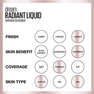 Maybelline Dream Radiant Liquid Medium Coverage Hydrating Makeup, Lightweight Liquid Foundation, Classic Ivory, 1 Count