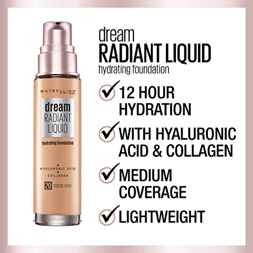 Maybelline Dream Radiant Liquid Medium Coverage Hydrating Makeup, Lightweight Liquid Foundation, Classic Ivory, 1 Count