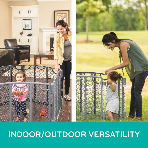 Evenflo Versatile Adjustable and Portable Play Yard with Lawn Stakes for Outdoor Use, Non-Scratch Floor Pads for Indoor Use, and Foldable Design with Molded Handle for Easy Transportation, Cool Gray