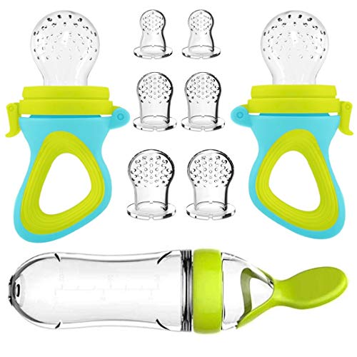 Baby Food Feeder, Fresh Food - 2 Pack Fruit Feeder Pacifier, 6 Different Sized Silicone Pacifiers | Baby Food Dispensing Spoon | Baby Feeding Set | Fresh Frozen Fruit (Green)