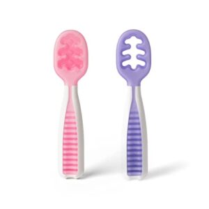 numnum pre-spoon gootensils | baby spoon set (stage 1 + stage 2) | bpa free silicone self feeding toddler utensils | for kids ages 6 months+, 1-pack, two spoons, frosty lilac/rosebud