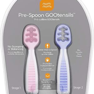 NumNum Pre-Spoon GOOtensils | Baby Spoon Set (Stage 1 + Stage 2) | BPA Free Silicone Self Feeding Toddler Utensils | for Kids Ages 6 Months+, 1-Pack, Two Spoons, Frosty Lilac/Rosebud