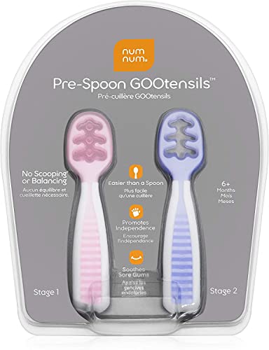 NumNum Pre-Spoon GOOtensils | Baby Spoon Set (Stage 1 + Stage 2) | BPA Free Silicone Self Feeding Toddler Utensils | for Kids Ages 6 Months+, 1-Pack, Two Spoons, Frosty Lilac/Rosebud