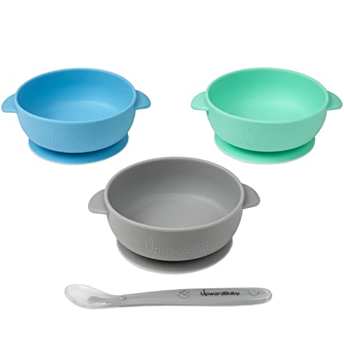 Upward Baby Bowls with Suction - 4 Piece Silicone Set with Spoon for Babies Kids Toddlers - BPA Free Baby Led Weaning Food Plates - First Stage Self Feeding Utensils