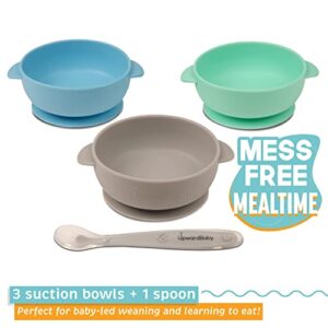 Upward Baby Bowls with Suction - 4 Piece Silicone Set with Spoon for Babies Kids Toddlers - BPA Free Baby Led Weaning Food Plates - First Stage Self Feeding Utensils