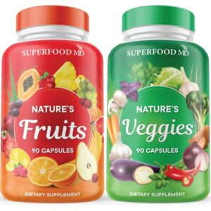 superfood md fruits and veggies supplement – 90 fruit and 90 veggie capsules -100% whole natural superfood – filled with vitamins and minerals – supports energy levels – made 90 count (pack of 2)