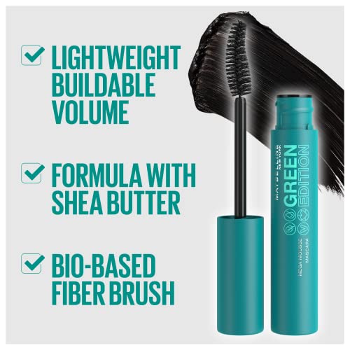 Maybelline Green Edition Mega Mousse Mascara Makeup, Smooth Buildable and Lightweight Volume, Formulated with Shea Butter, Brownish Black, 1 Count