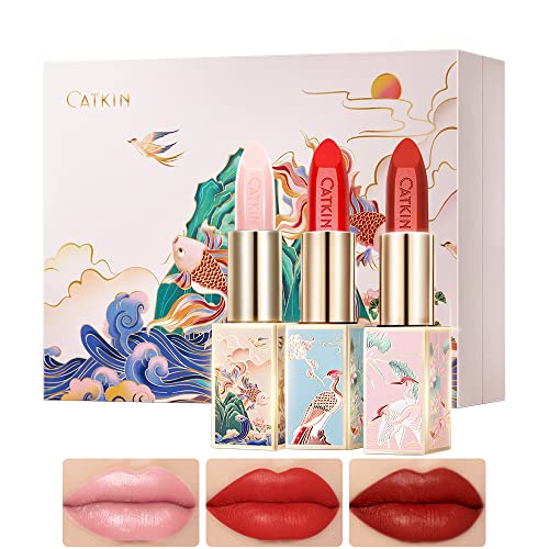 Catkin Nude Red Carving Matte Lipstick with Pink Lip Balm Makeup Set Moist Nourishing Lip Care Collection Xmas Gift