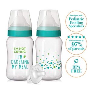 Evenflo Feeding Balance + Wide Neck Printed Bottles, 9oz 2pk, with Pacifier