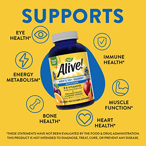 Nature’s Way Alive! Men’s 50+ Gummy Multivitamins, High Potency Formula, Supports Whole Body Wellness*, Fruit Flavored, 150 Gummies