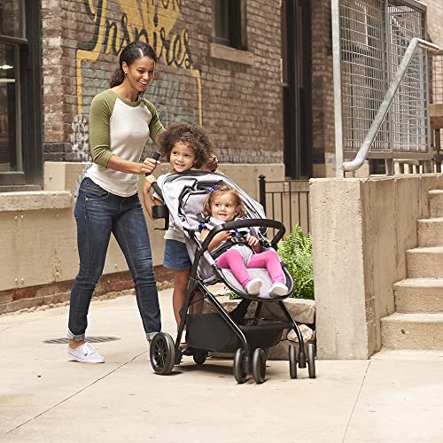 Evenflo Sibby Travel System, Stroller, Car Seat, Ride-Along Board, Oversized Storage Basket, 3-Panel Canopy, Multiple-Position Recline, Easy to Fold and Store, Materials, Charcoal