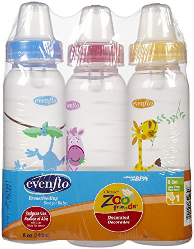 Evenflo Zoo Friends 3 Count Standard Nipple Bottle, 8 Ounce (Colors May Vary)