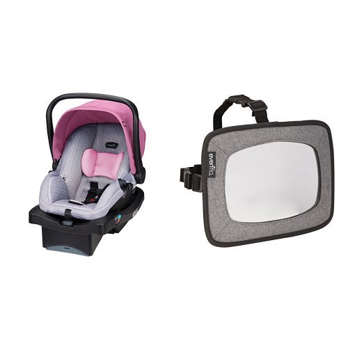 Evenflo LiteMax 35 Infant Car Seat, Azalea with Backseat Baby Mirror for Rear Facing Child, Grey Melange