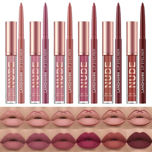 URQT 12pcs Lip Liner and Lipstick Makeup Set, 6 Velvety Matte Liquid Lipsticks + 6 Matching Smooth Lip Liner One Step Lips Makeup Kits Waterproof Long Lasting Matte Lipstick Gift Set