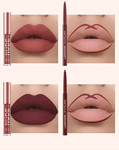 URQT 12pcs Lip Liner and Lipstick Makeup Set, 6 Velvety Matte Liquid Lipsticks + 6 Matching Smooth Lip Liner One Step Lips Makeup Kits Waterproof Long Lasting Matte Lipstick Gift Set