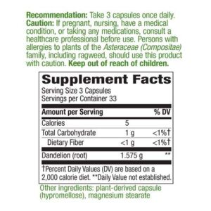 Nature's Way Dandelion Root, 1,575 mg, Non-GMO Project Verified, Gluten Free, Vegetarian, 100 Capsules, Pack of 2