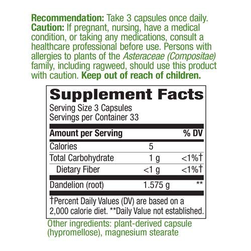 Nature's Way Dandelion Root, 1,575 mg, Non-GMO Project Verified, Gluten Free, Vegetarian, 100 Capsules, Pack of 2