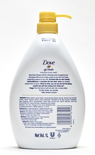 Dove Go Fresh Energize Body Wash, Grapefruit and Lemongrass Scent, 33.8 Ounce (1 Liter) International Version