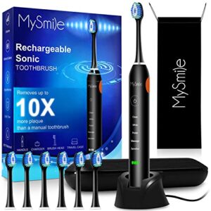 mysmile electric toothbrush for adults, rechargeable sonic electronic toothbrush with 6 brush heads and travel case, 2 mins 5 modes smart timer, 48000vpm (black)