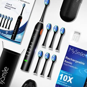 MySmile Electric Toothbrush for Adults, Rechargeable Sonic Electronic Toothbrush with 6 Brush Heads and Travel Case, 2 Mins 5 Modes Smart Timer, 48000VPM (Black)