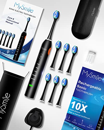 MySmile Electric Toothbrush for Adults, Rechargeable Sonic Electronic Toothbrush with 6 Brush Heads and Travel Case, 2 Mins 5 Modes Smart Timer, 48000VPM (Black)