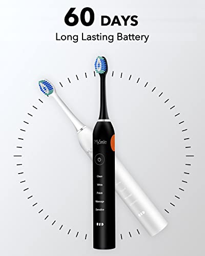 MySmile Electric Toothbrush for Adults, Rechargeable Sonic Electronic Toothbrush with 6 Brush Heads and Travel Case, 2 Mins 5 Modes Smart Timer, 48000VPM (Black)