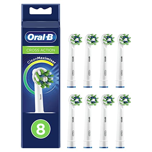 Oral-B Cross Action Electric Toothbrush Head with CleanMaximiser Technology, Angled Bristles for Deeper Plaque Removal, Pack of 8, Suitable for Mailbox, White