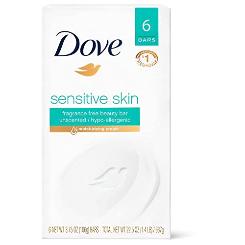 Dove Bath Bars, Sensitive Skin, Unscented, 4 Ounce (Pack of 6) (Packaging may vary)