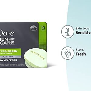 Dove Men+Care Bar 3 in 1 Cleanser for Body, Face, and Shaving to Clean and Hydrate Skin Extra Fresh Body and Facial Cleanser More Moisturizing Than Bar Soap 3.75 oz 14 Bars