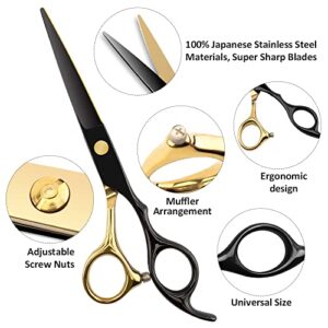 Professional Black Gold Hairdressing Scissors Stainless Steel Barber Hair Cutting Scissors Sets Salon Multifunctional Straight Shears Teeth Scissors Thinning Shears Tools for Mother Father's Gift