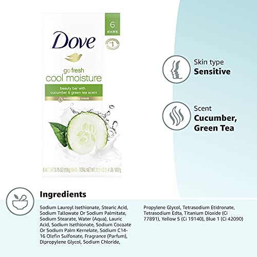 Dove Skin Care Beauty Bar For Softer Skin Cucumber And Green Tea 6 Bars More Moisturizing Than Bar Soap 3.75 oz