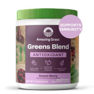 amazing grass greens blend antioxidant: super greens powder smoothie mix with organic spirulina, beet root powder, elderberry, bilberry, prebioitics & probiotics, sweet berry, 30 servings