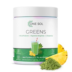 one sol greens, super greens powder to reduce bloating & improve gut health, superfood fresh bloom organic greens blend juice & smoothie mix, pre & probiotic with digestive enzymes, vegan & soy free