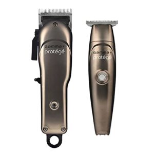 gamma+ protege cordless clipper and trimmer combo set, barbers, micro usb, taper blade, guards, great beginner set men or women, matte metallic gunmetal