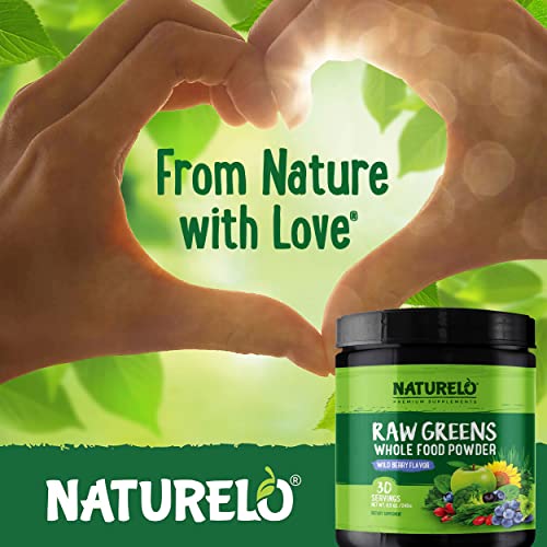 NATURELO Raw Greens Superfood Powder - Wild Berry Flavor - Boost Energy, Detox, Enhance Health - Organic Spirulina - Wheat Grass - Whole Food Nutrition from Fruits & Vegetables - 30 Servings