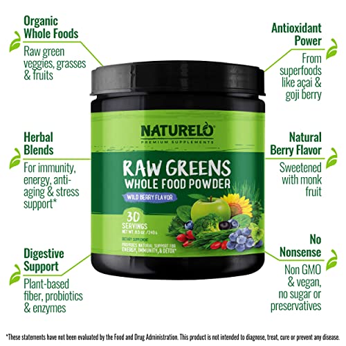 NATURELO Raw Greens Superfood Powder - Wild Berry Flavor - Boost Energy, Detox, Enhance Health - Organic Spirulina - Wheat Grass - Whole Food Nutrition from Fruits & Vegetables - 30 Servings